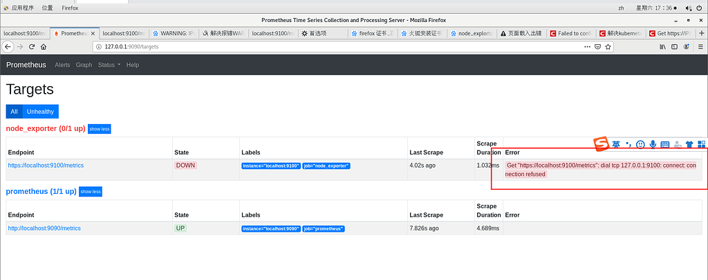 node_exporter 提示错误 Get "http://localhost:9100/metrics": dial tcp 127.0 ...